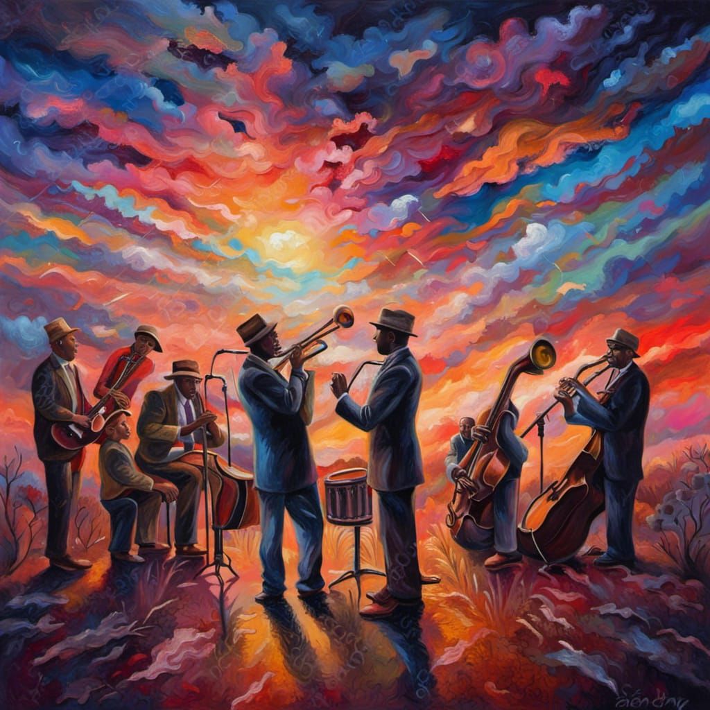 jazz music, colorful detailed sky, detailed oil painting, deep color ...
