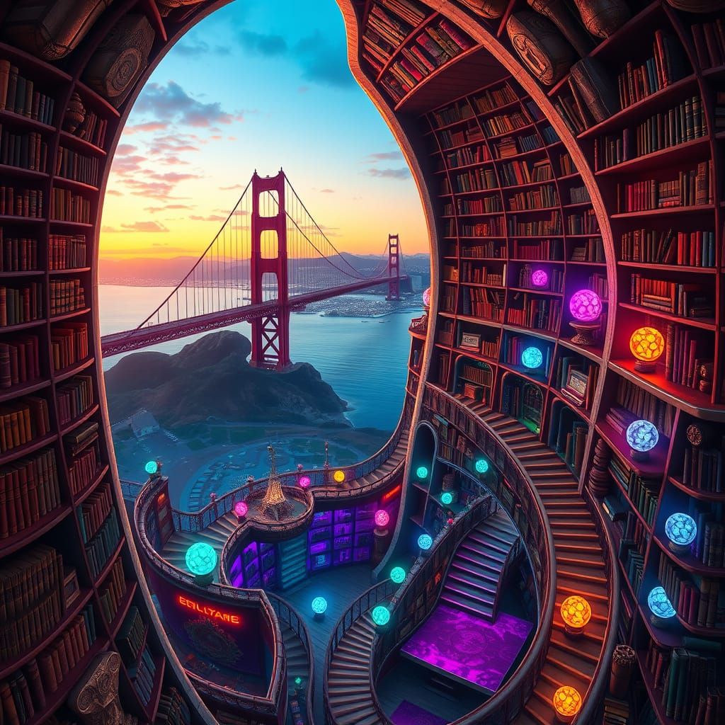 Psychedelic Library with Golden Gate Bridge Panora... - AI Art