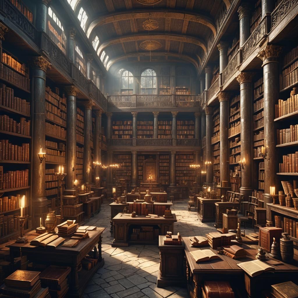 Ancient library full of precious books, parchments, and papyrus - AI ...