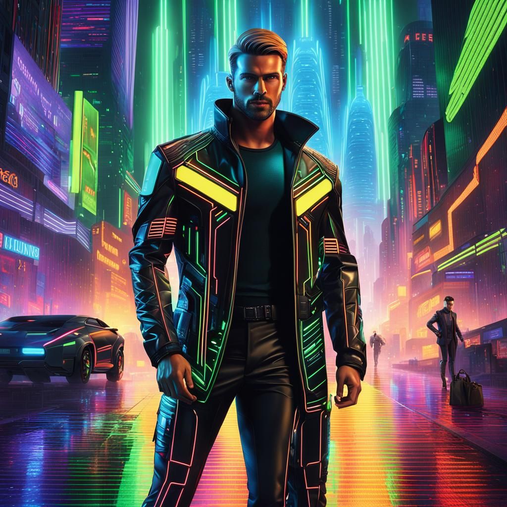 Gay male couple, form-fitting retrofuturistic hacker cyberspace suits ...