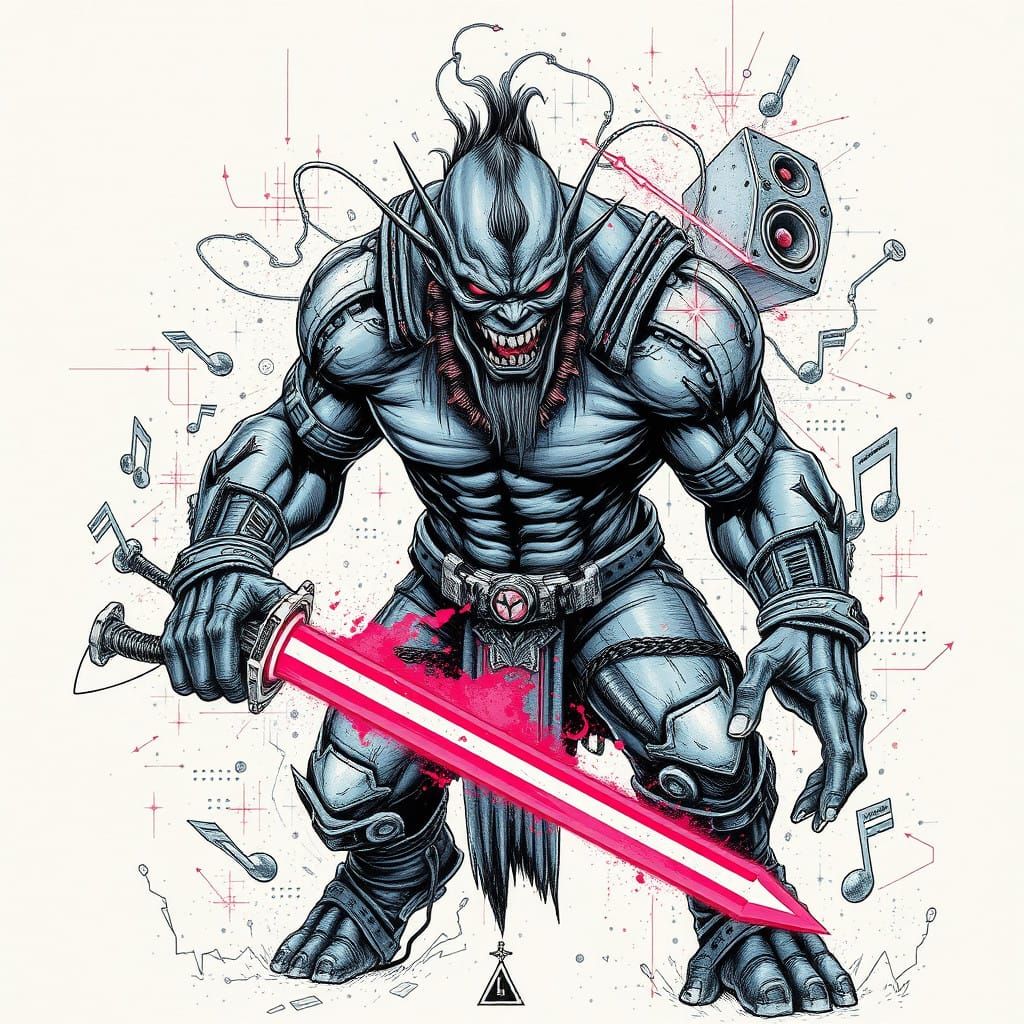 Hulking cyberpunk dance fighting orc warrior named Mozart