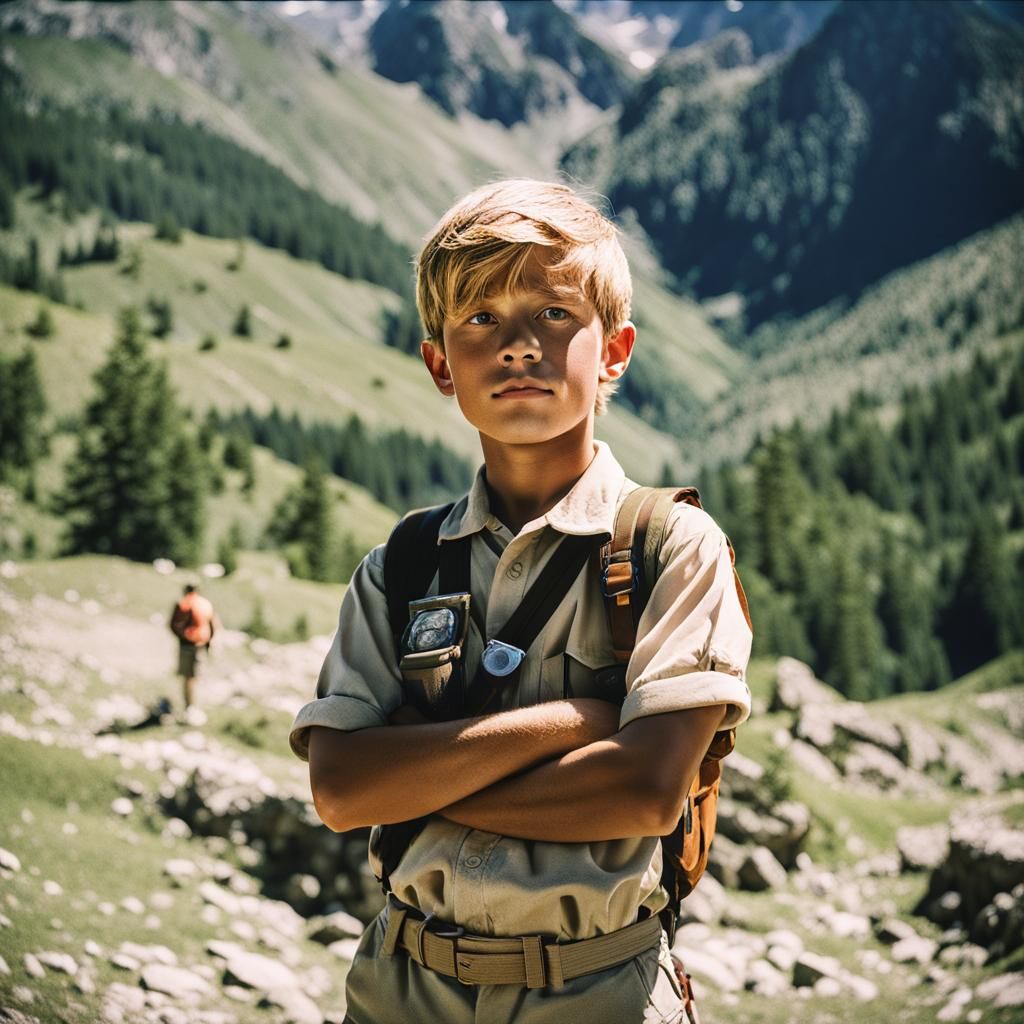 twelve years old Scout blonde boy from italy during an hike in ...