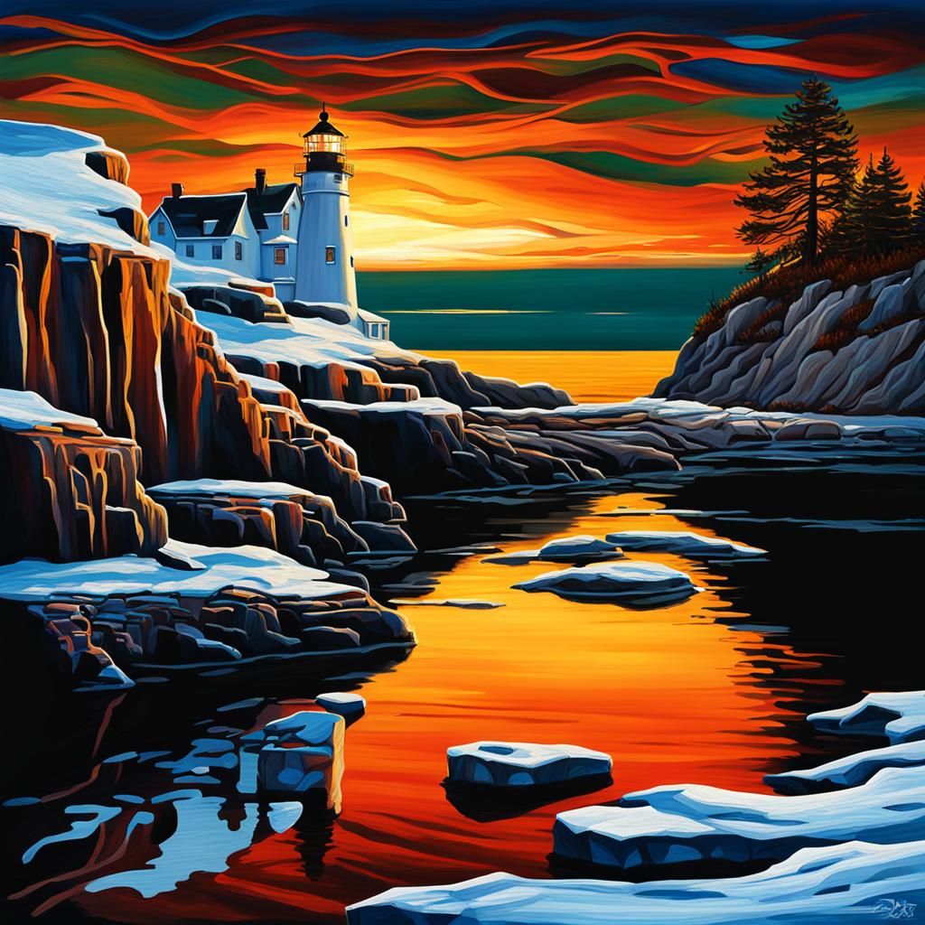 winter sunset lighthouse - Mysterious Winter Sunset with Lig...