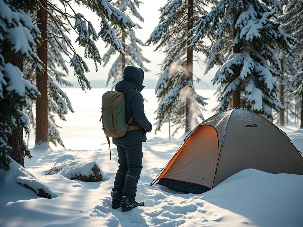 Backwoods camping in the snow - Winter Wilderness Scene with...