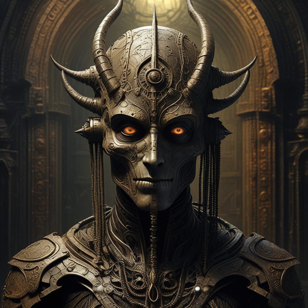 "A haunting portrait of a humanoid figure with their entire face ...