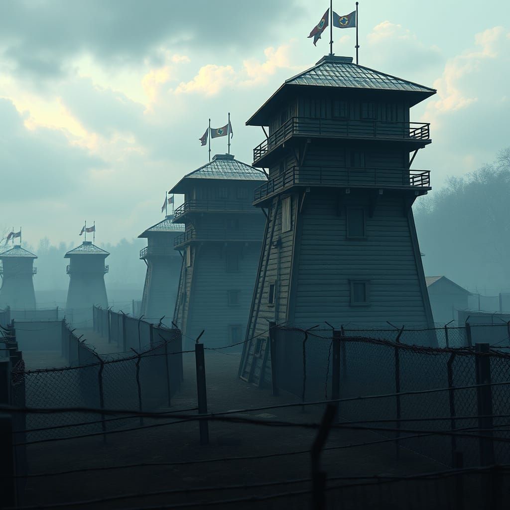WW2 Internment Camp Scene in Deep Fantasy Color - AI Art