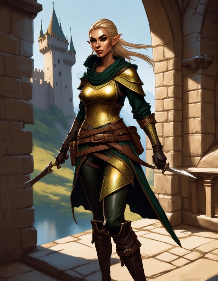 half human half gold elf beautiful female thief, rogue, wearing thief ...