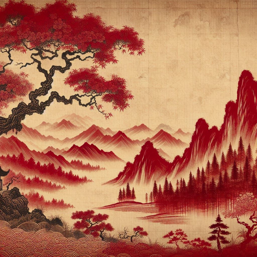 Ink Red Landscape - Traditional Chinese Ink Painting-Inspire...