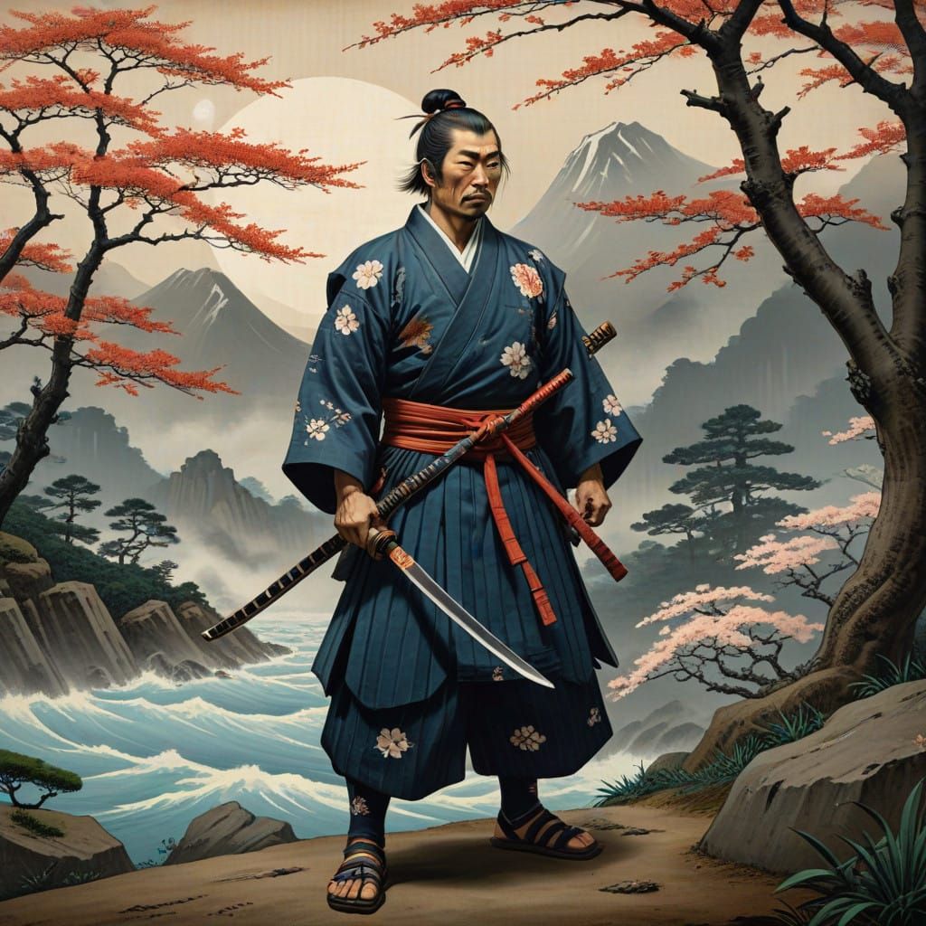 Old English lithograph of a samurai, art style by Utagawa Kunisada,