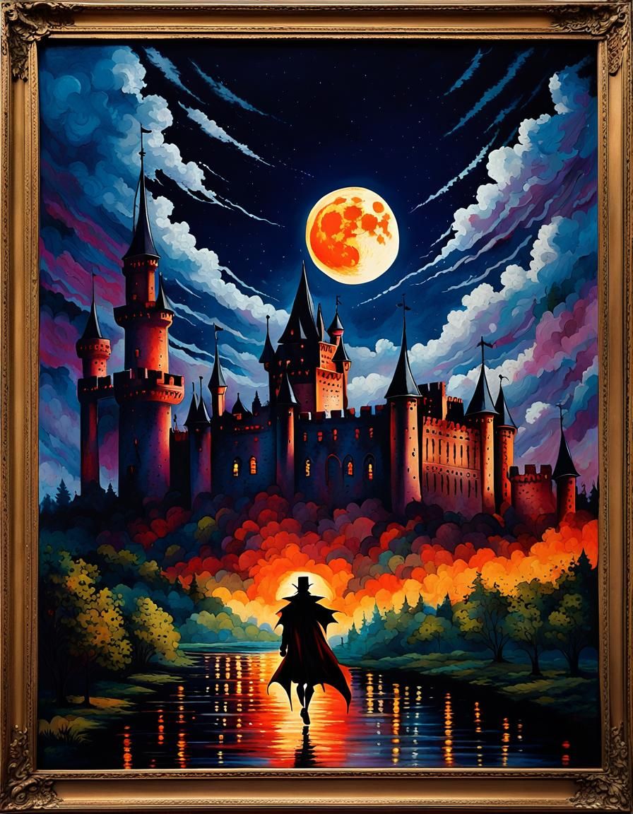 Victorian Gothic Vampire Lord Dracula, full moon, castle in background, Ayami Kojima art, oil ...