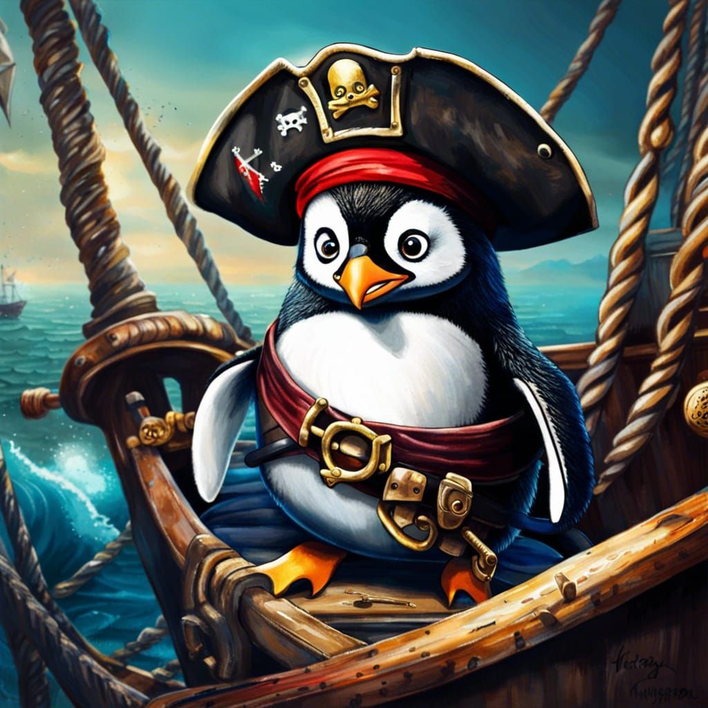 A penguin dressed as a pirate,on a pirate ship ,he's looking for ...