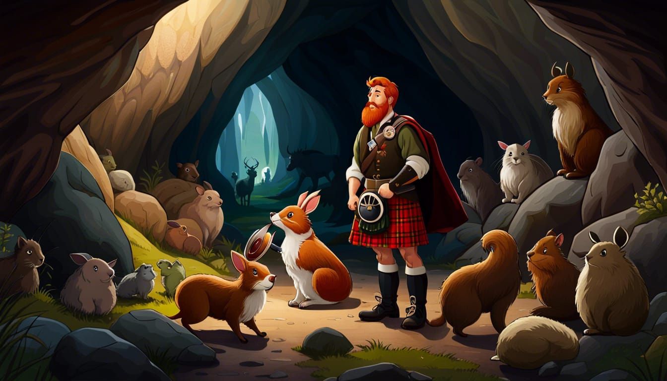 A Kilted Scotsman in a Cave Surrounded by Cute Small Animals