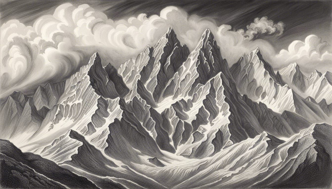 intricate pencil sketch showcasing rugged majestic peaks of Russian ...