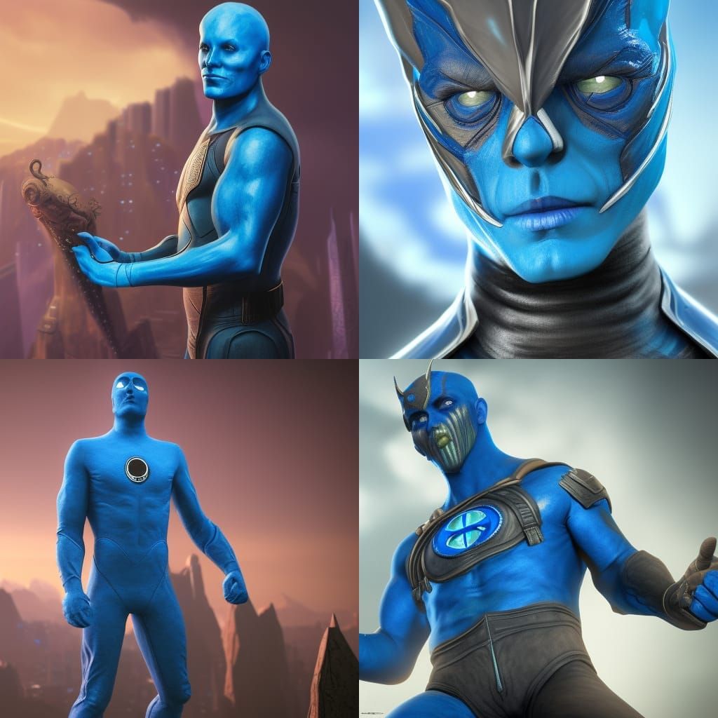 A blue man who wants to be a villain but he is actually a superhero ...
