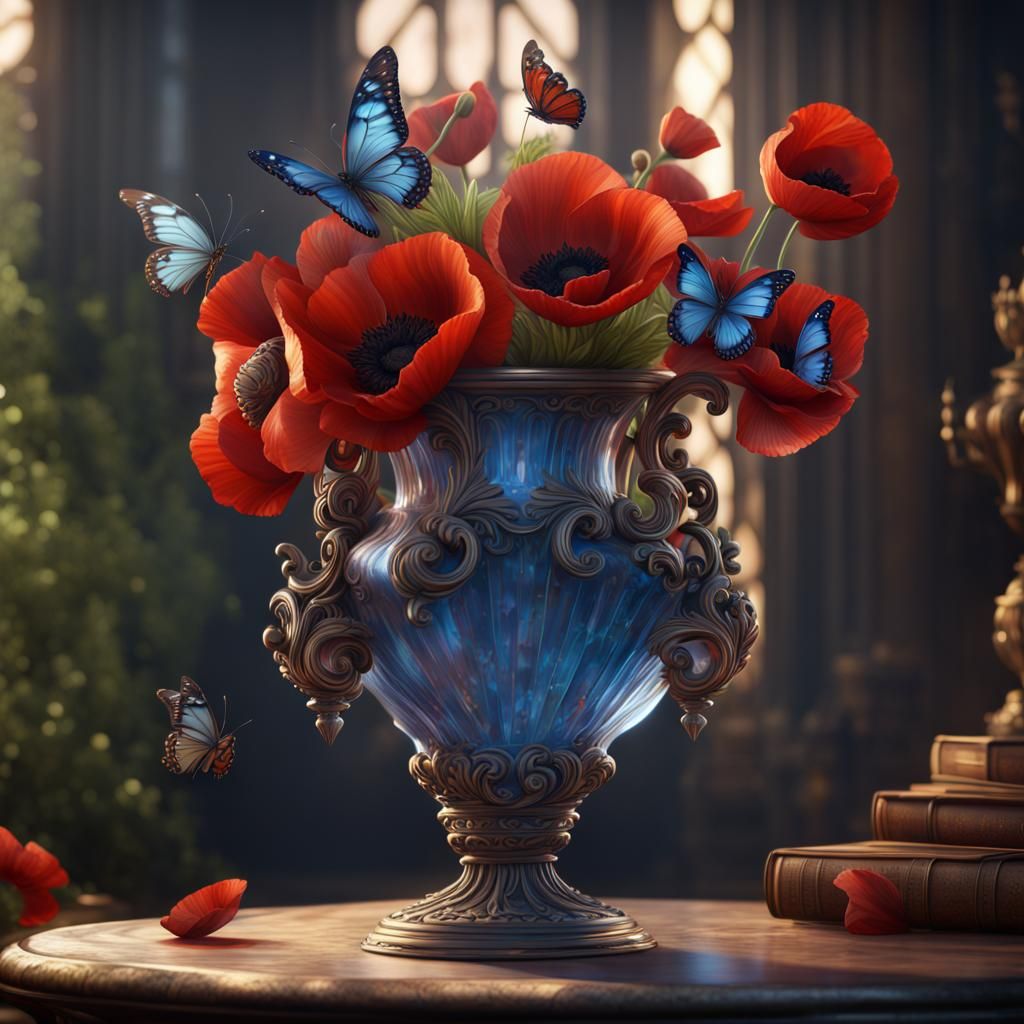 An elegant, magical Venetian crystal vase serves as a home for fairies ...