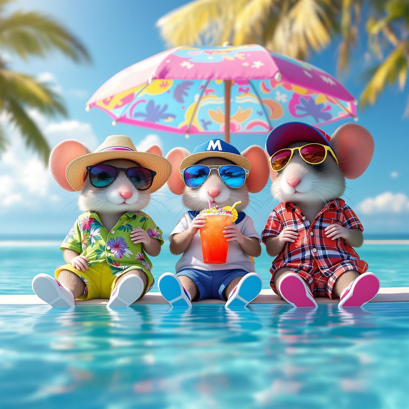 Vacation - Relaxed Summer Mice Bask Under Colorful Umbrella