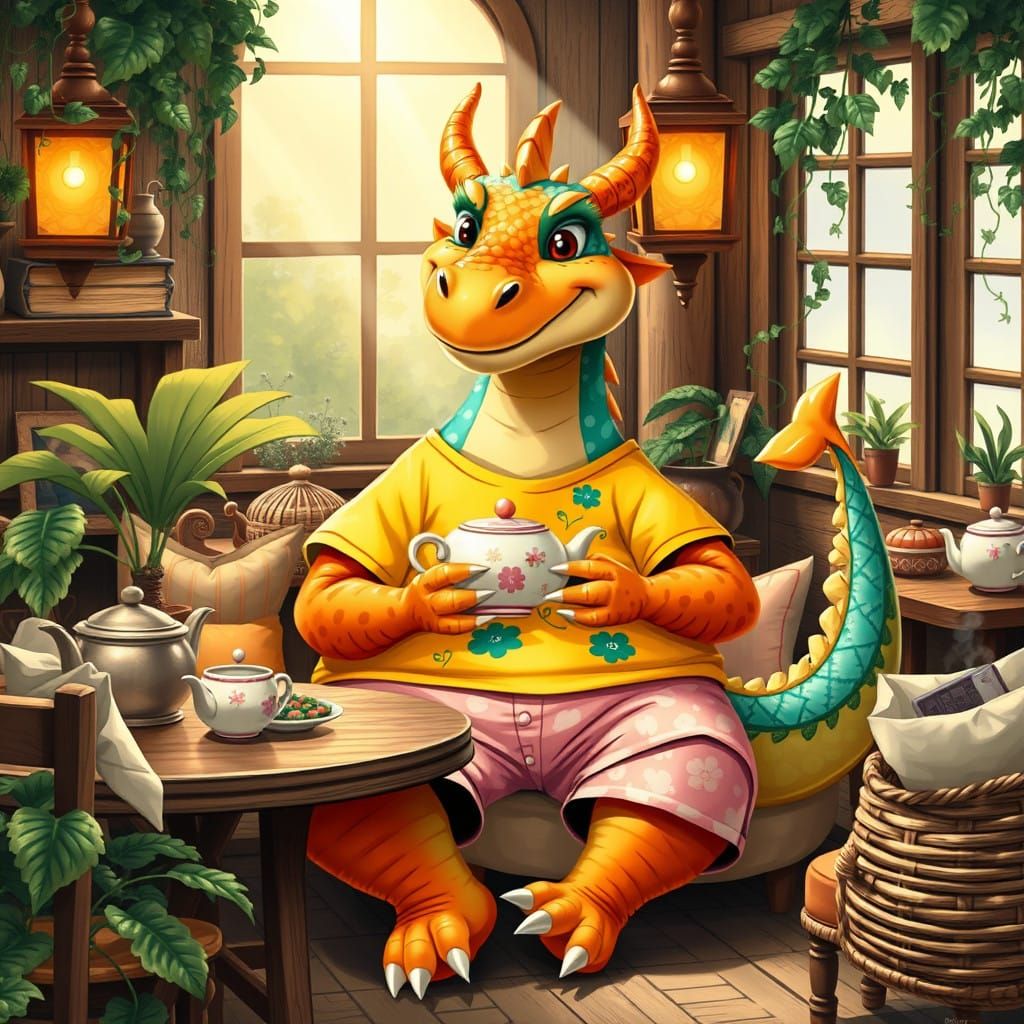 A cute and goofy dragon sitting in a cozy café, sipping tea from a ...