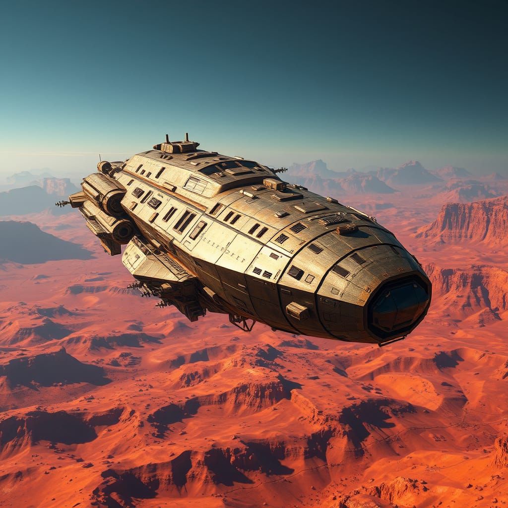Glowing Military Spaceship Dominates Rust-Red Mart... - AI Art