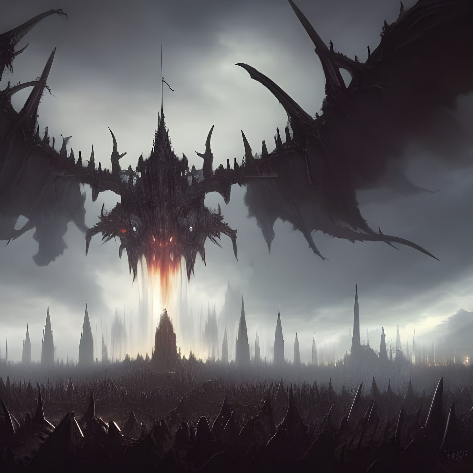 A massive gothic battlefield with massive mechanical monsters and ...