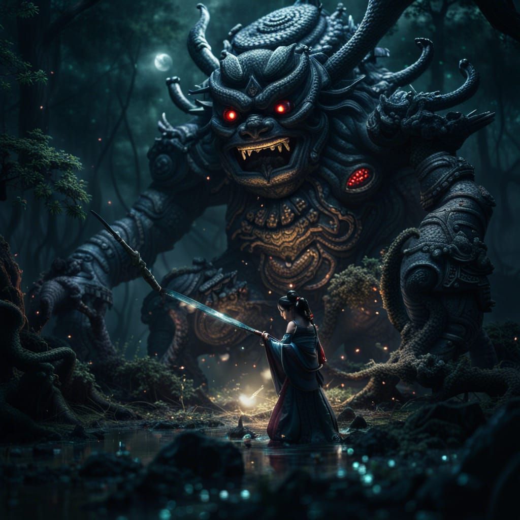 evil giant stone creature fight beautiful geisha swamp angry queen ...