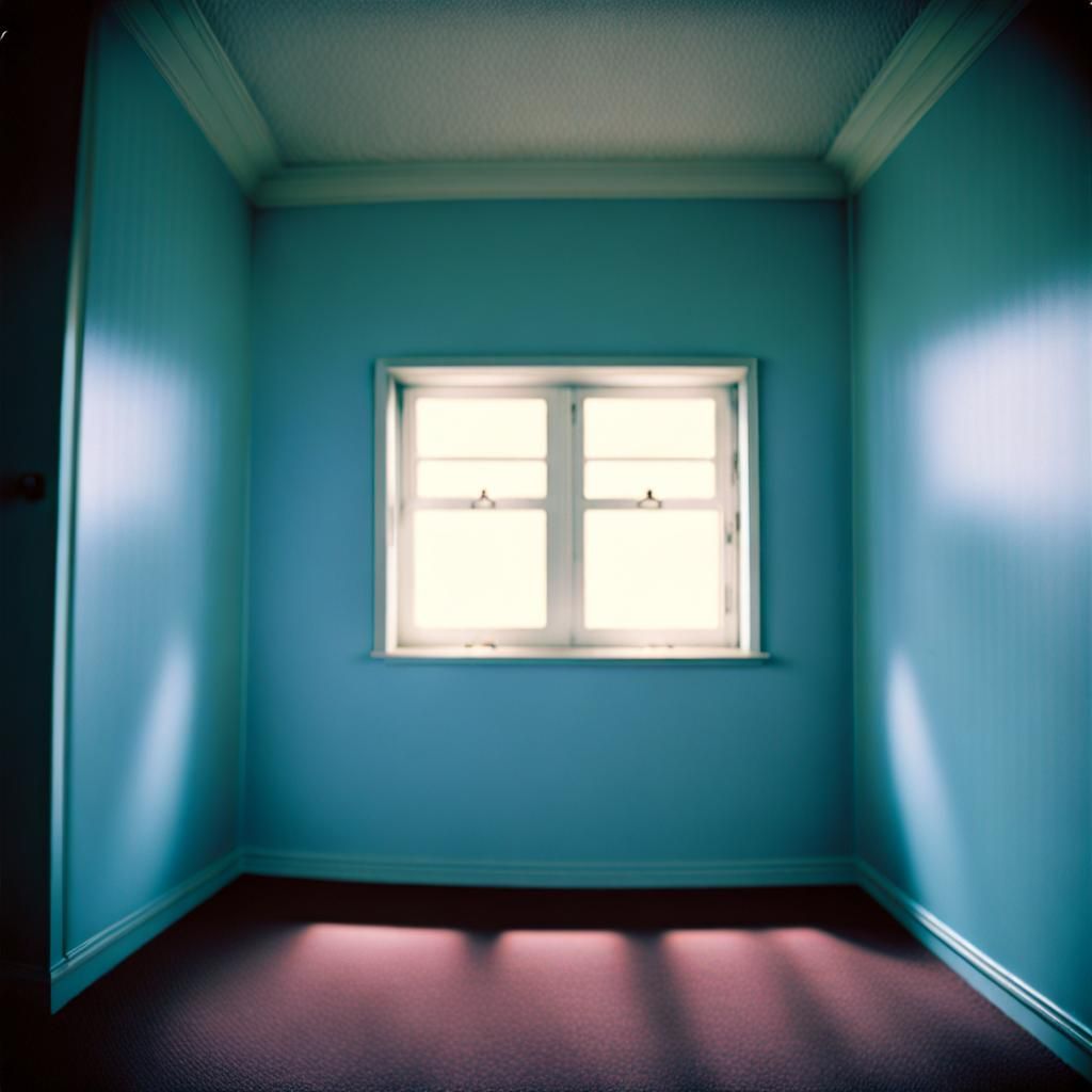 liminal room with light blue walls and blue carpet, with a window ...