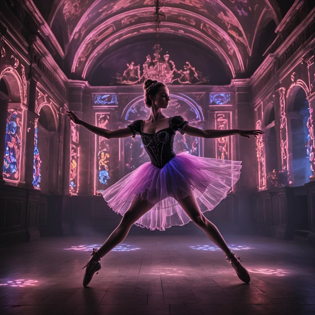 Blacklight ballerina dancing in Slovak castle ballroom lighted by neon ...