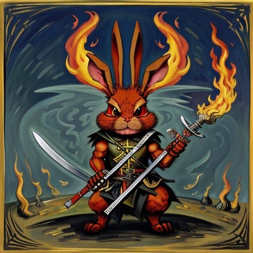 Fiery Frenzy: An Enraged Rabbit Wields Elemental S... - AI Art