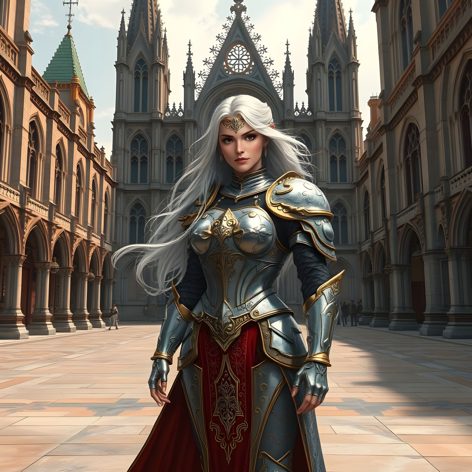 Gothic Female Paladin in Elegant Silver and Gold A... - AI Art