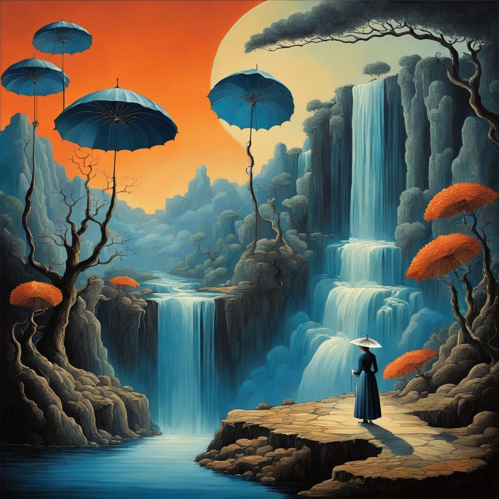 Surreal Waterfall Scene in Oil on Canvas Style - AI Art