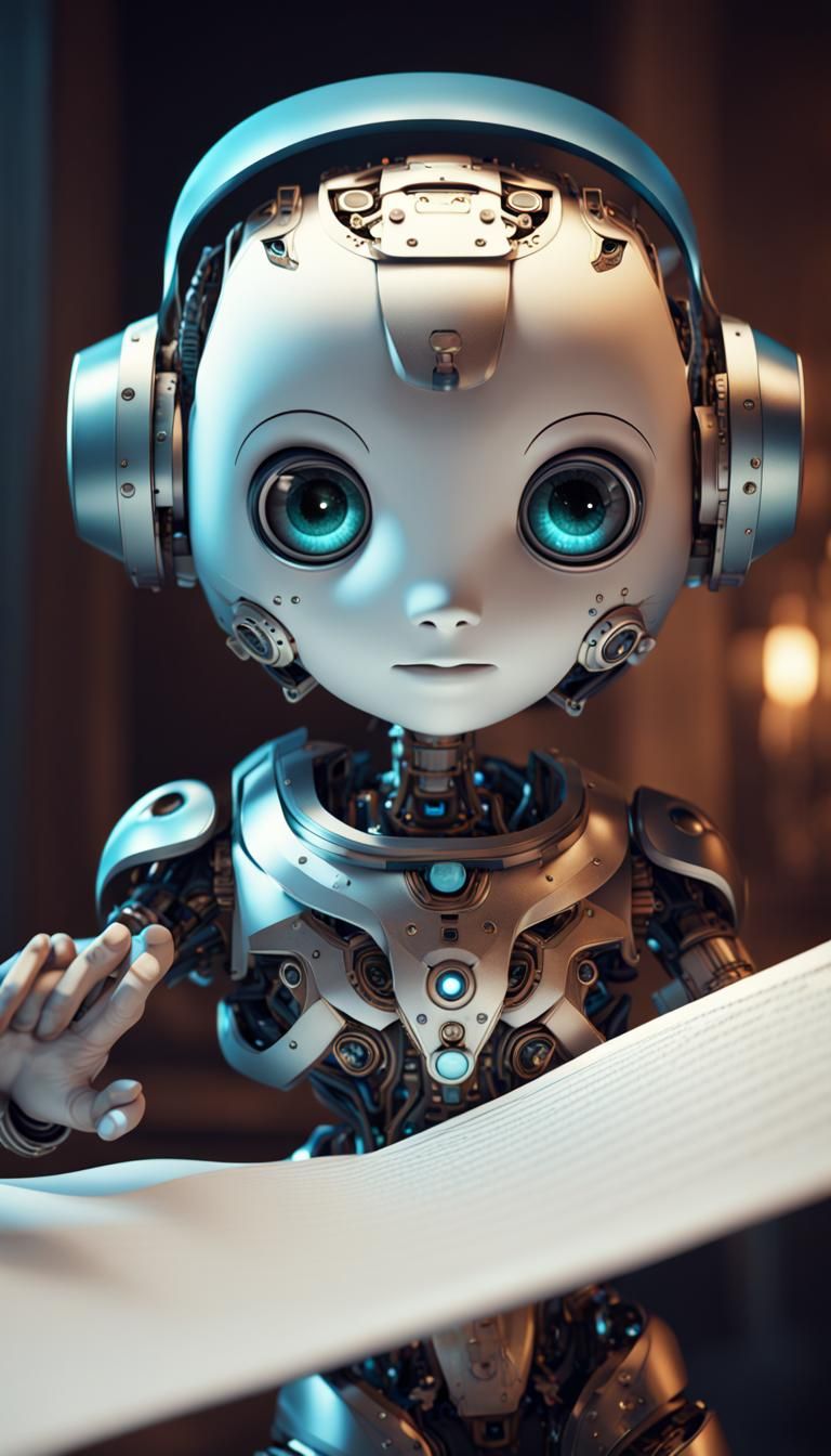 Cute humanoid robot, with lovely eyes, holding a printed sheet of paper ...