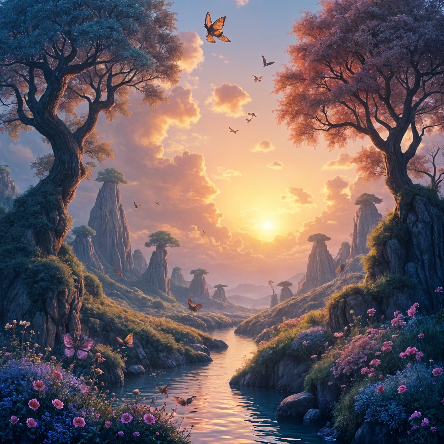 Ethereal Fantasy Realm with Vibrant Sunset and Maj... - AI Art