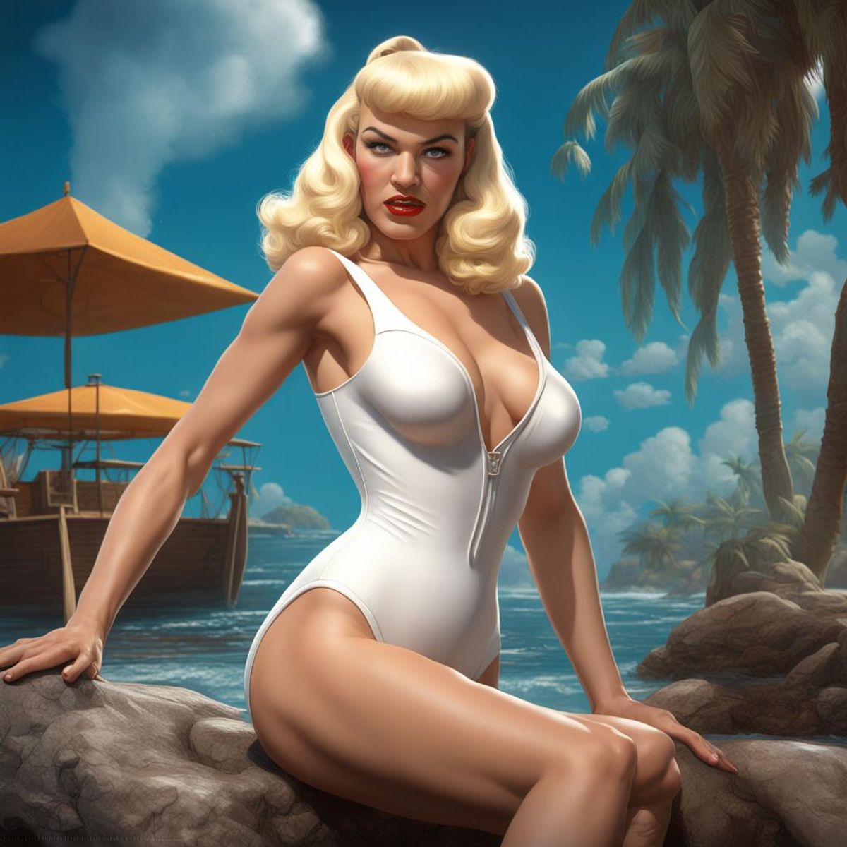 Bettie Page as a blonde in a white one-piece swimsuit - AI Generated Artwork - NightCafe Creator