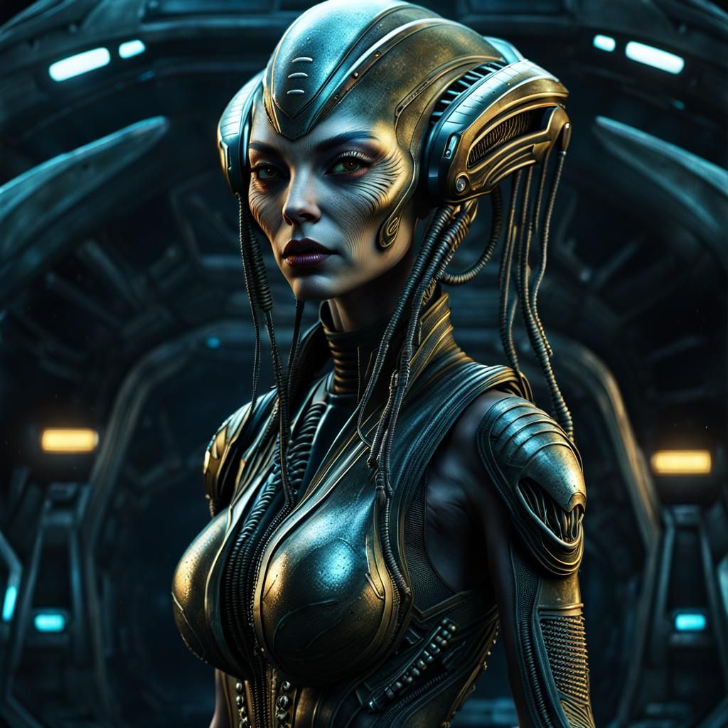 a creepy scary female alien creature with alien skin and clothing ...