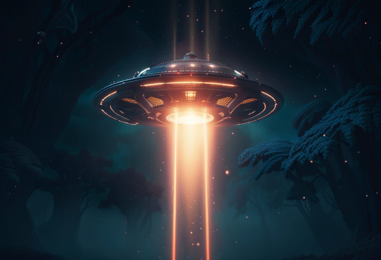 UFO with light beam detailed matte painting, deep color, fantastical ...