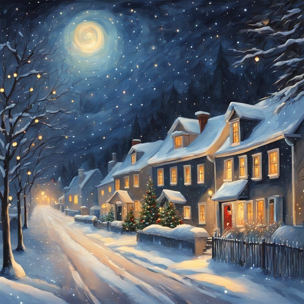 Winter Wonderland Village Scene with Christmas Lig... - AI Art