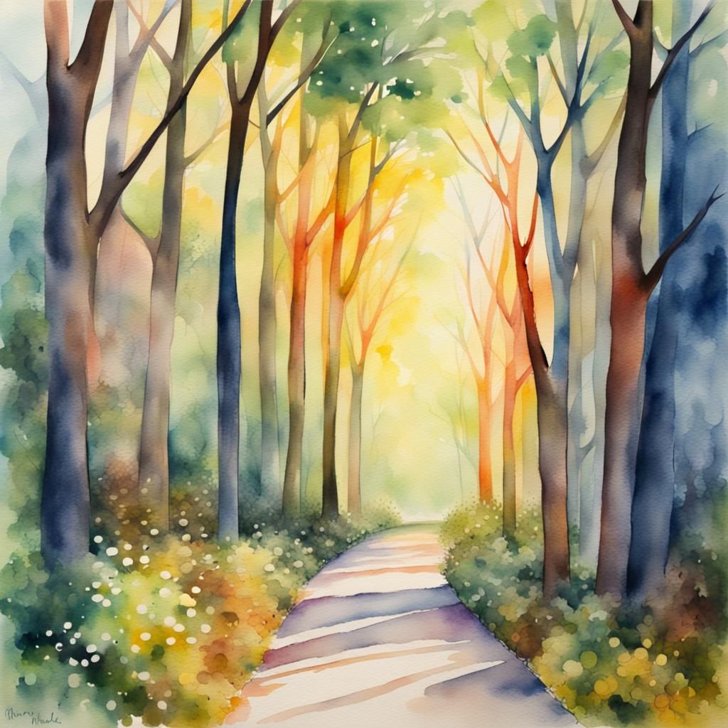 Watercolor path to enlightenment, light shining through trees, abstract ...