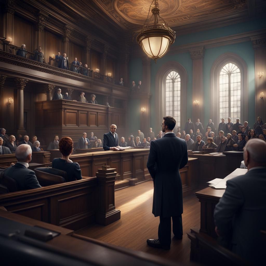 a courtroom, with many spectators watching, a well-dressed lawyer ...