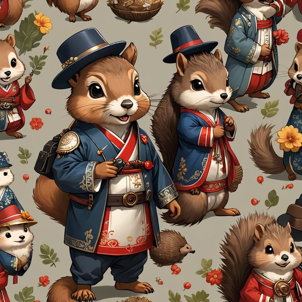 a (chibi Squirrel and Hedgehog wearing korea traditional clothes and ...