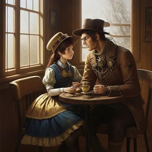 Steampunk Scene with Kid Scout and Girl in Cozy Ol... - AI Art