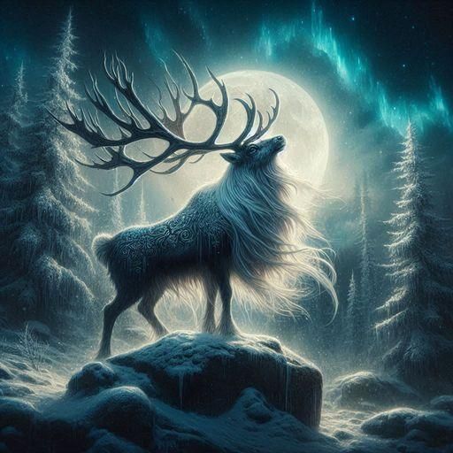 White stag and Moon - Whimsical Watercolor of a White Stag U...