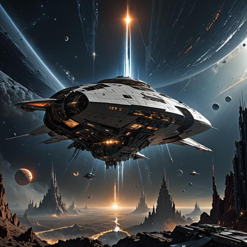 giant starship, starlight gossamer, eclipse in background, dramatic ...