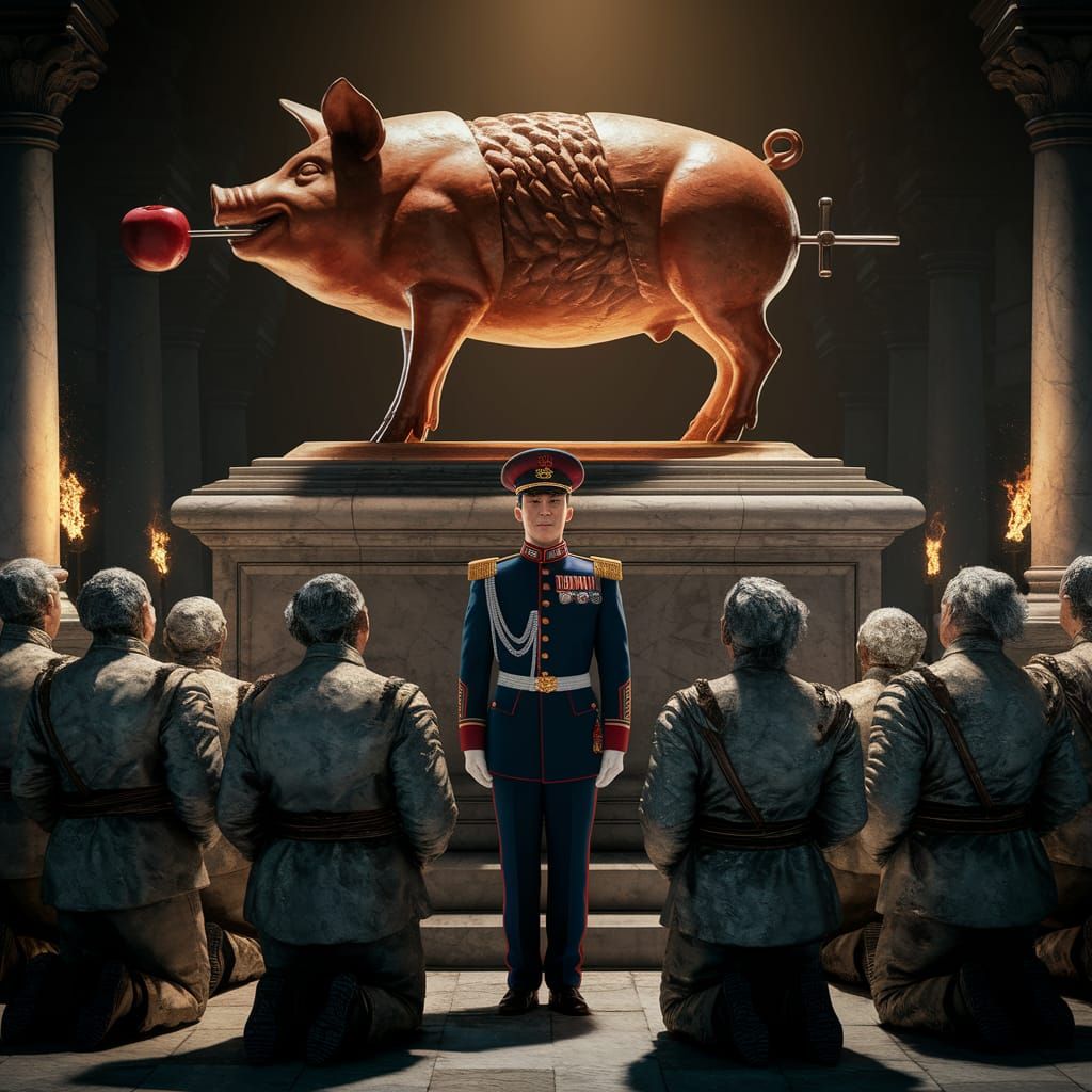 A Dramatic Scene of a Roasted Pig Statue in a Gold... - AI Art