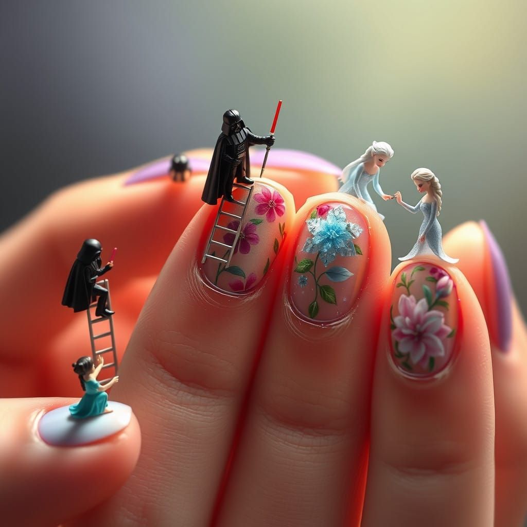 Delicate Miniature Florals Adorn Hand Nails in Whi... - AI Art