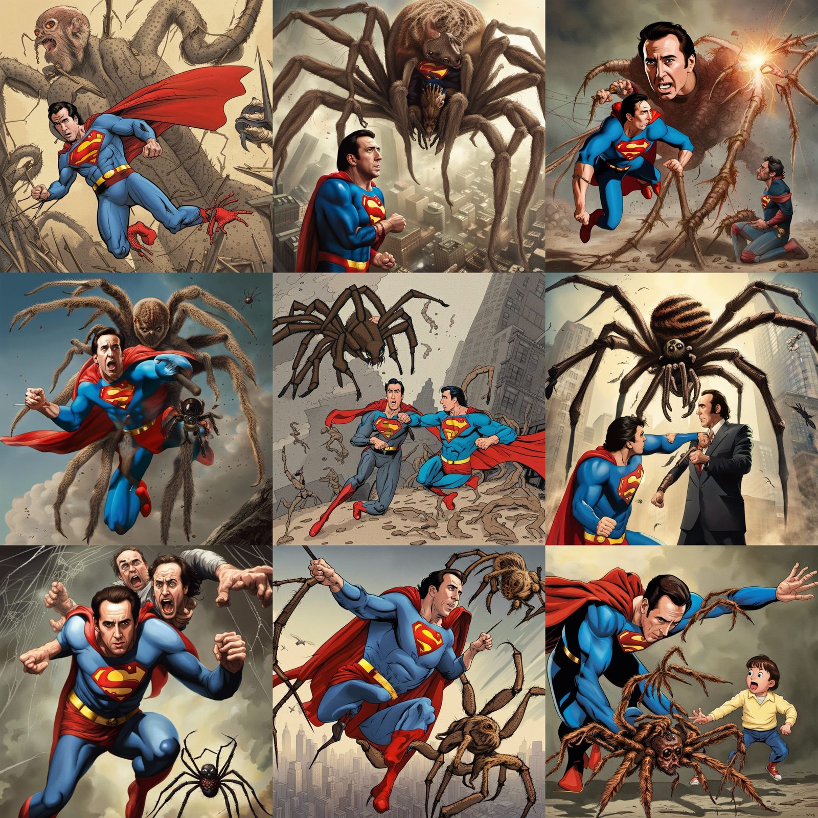 Nicolas Cage Superman fighting giant spider - AI Generated Artwork ...