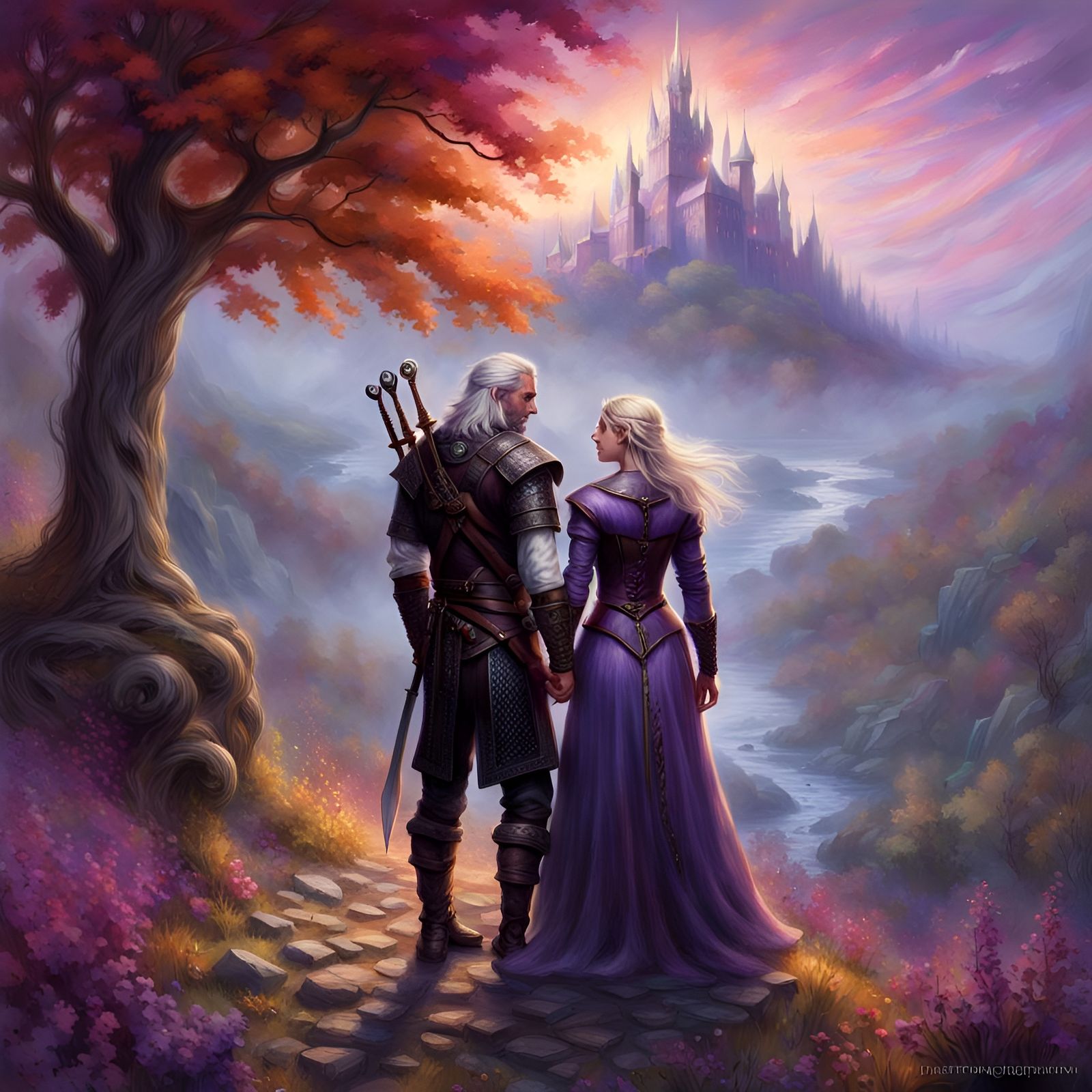 Blonde male and dark haired Female witcher, greatesword, detailed ...