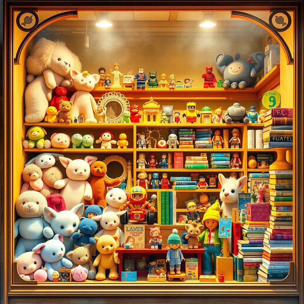 Plushy inhabitants in the toy shop window display