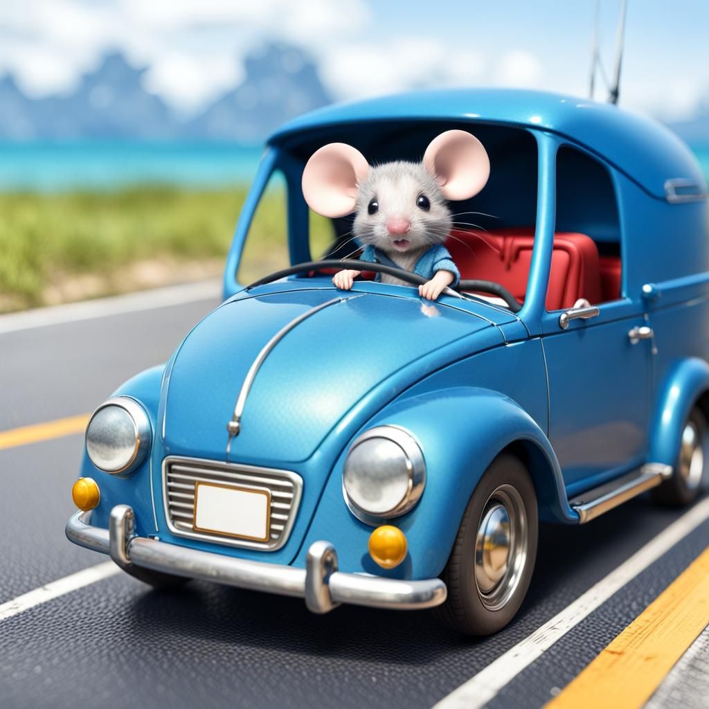one chibi mouse is driving a blue car on road trip with luggage, The ...