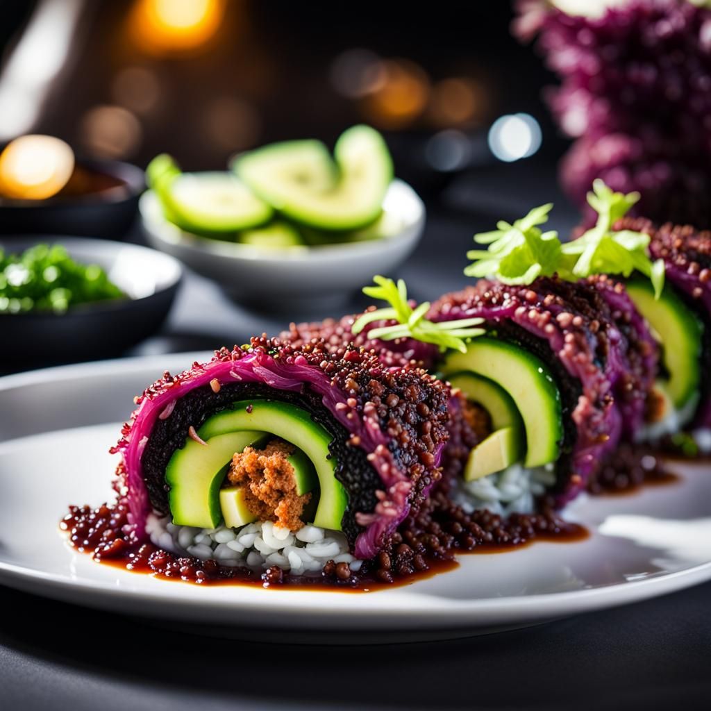 plant-based red quinoa and nori rolls, stuffed with red cabbage and ...
