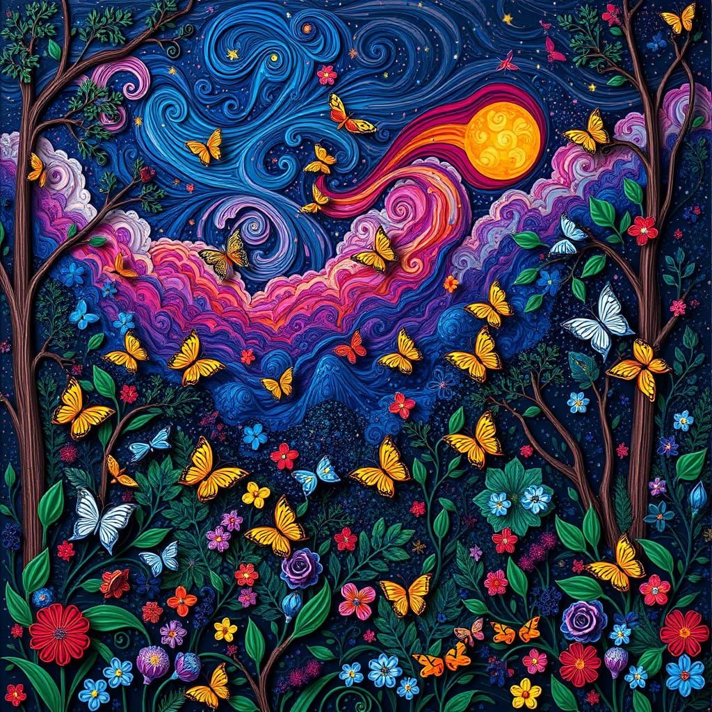 hyperdetailed photorealistic quilling collage, enchanting magical night ...