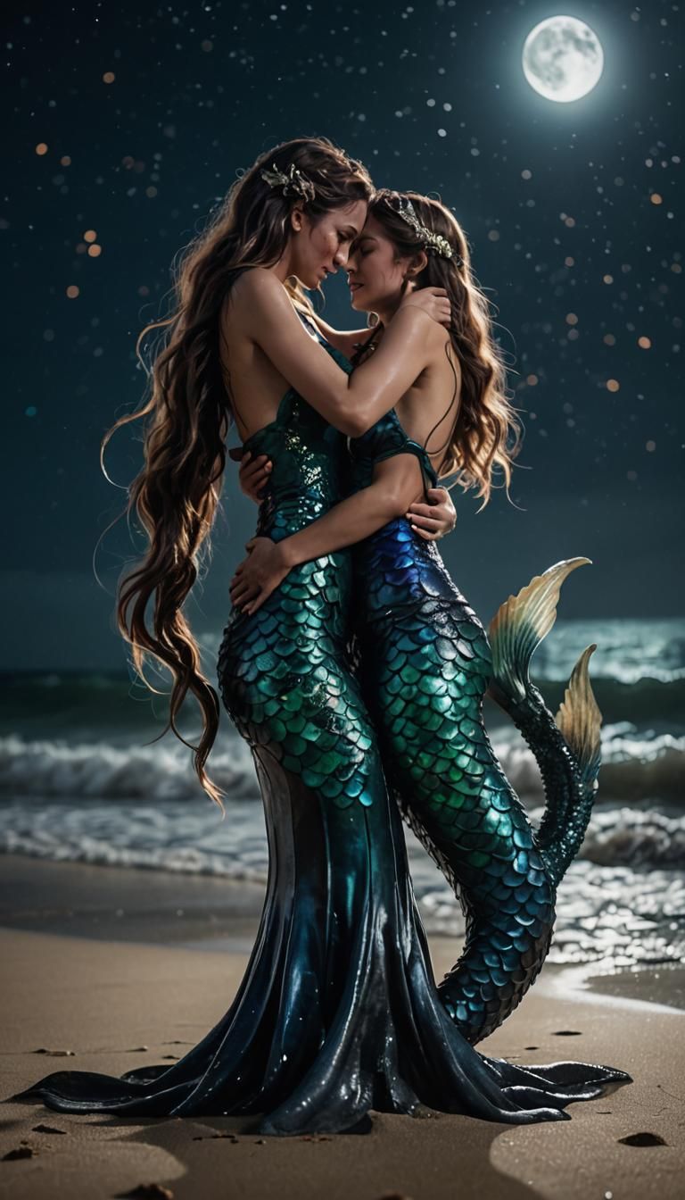 2 beautiful mermaids hugging on the sand of the ocean shore at night ...
